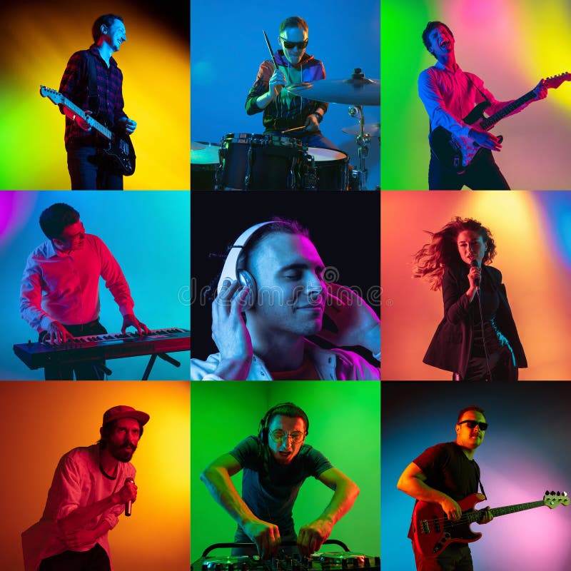 Portrait of Group of People on Multicolored Background in Neon Light ...