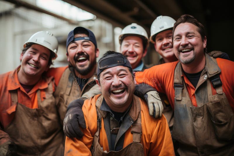 Portrait of a Group of Workers in a Factory Smiling and Looking at the ...