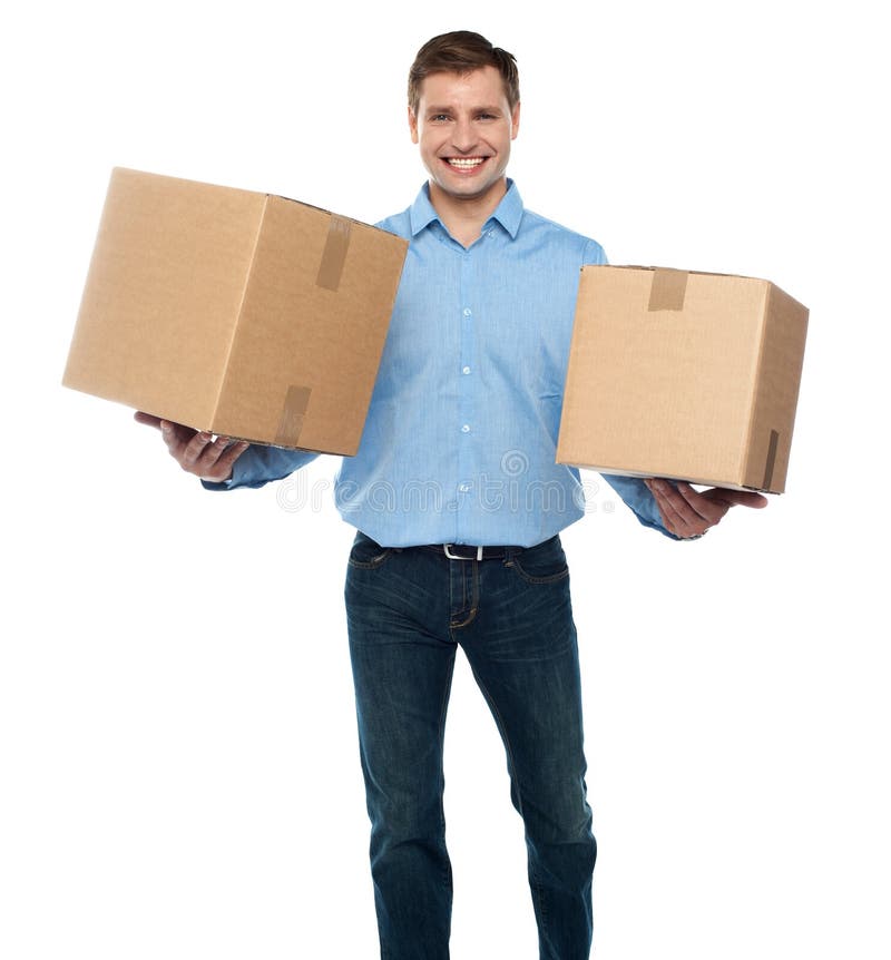 Portrait of a Guy Holding Boxes Stock Photo - Image of packed, looking ...