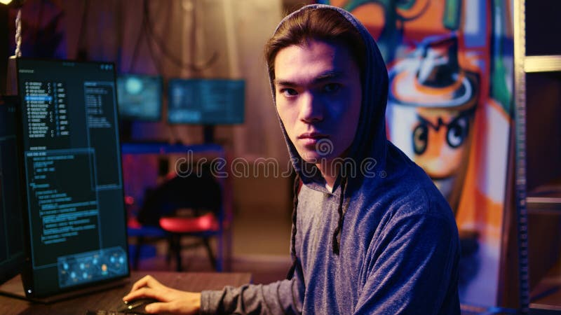 Portrait of Hacker in Basement Stock Photo - Image of network ...