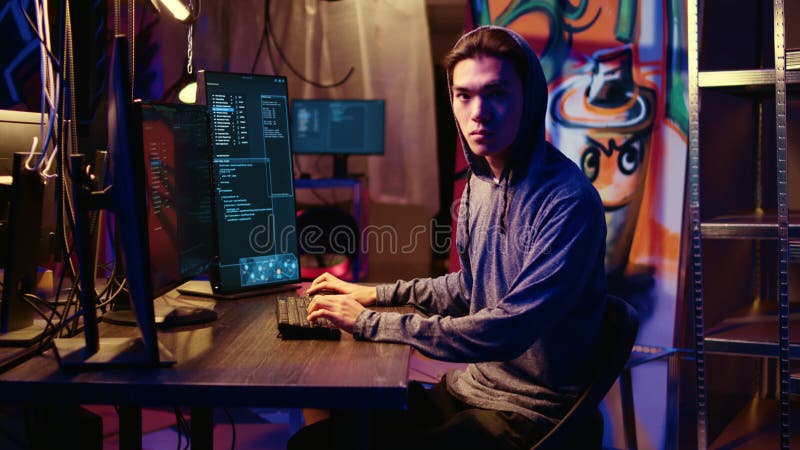Portrait of Hacker in Basement Stock Footage - Video of password ...
