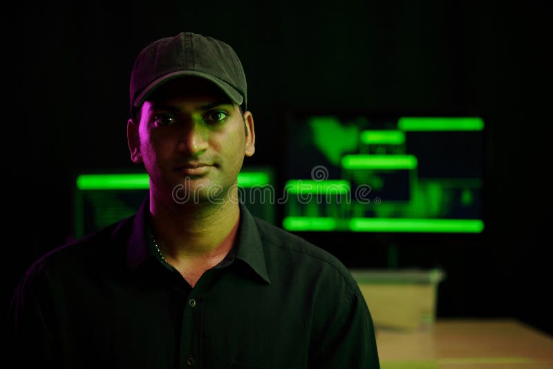 Portrait of Hacker Standing in Server Room Stock Photo - Image of ...