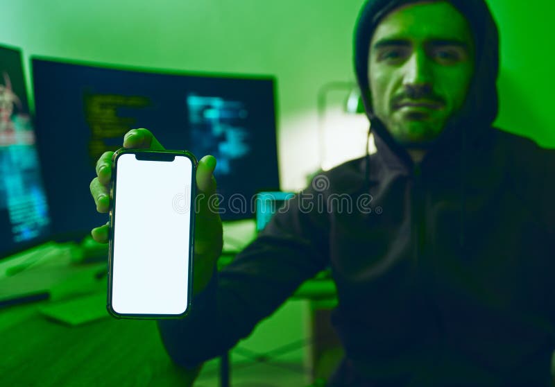 Portrait Hacker And Man With Screen Or Information With Cyber Security For Data Or Scam