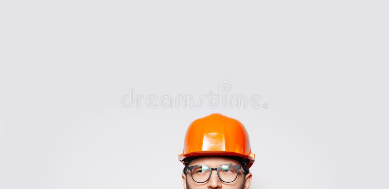 Portrait of Half Head of Construction Worker, Looking Up on White, Copy ...