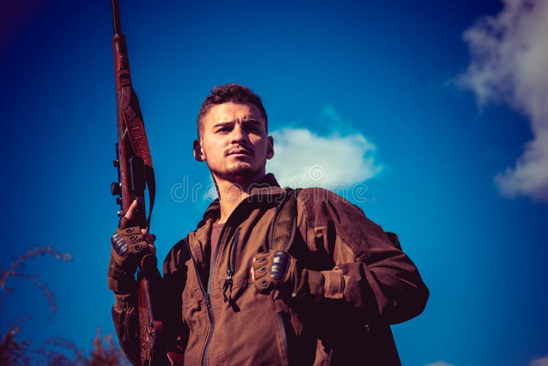 Portrait of Hamdsome Hunter. Hunter with Shotgun Gun on Hunt. Stock ...