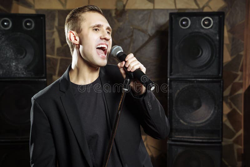 Portrait of Handsome Attractive Singer Singing Hit with Open Mouth in ...
