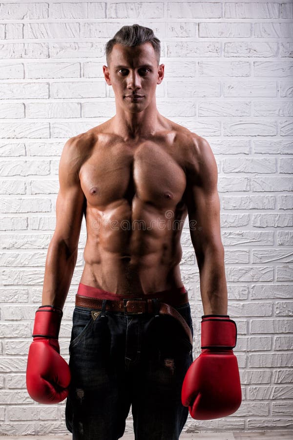 Portrait of Handsome Boxer Man Standing on the Bric Wall and Looking at ...