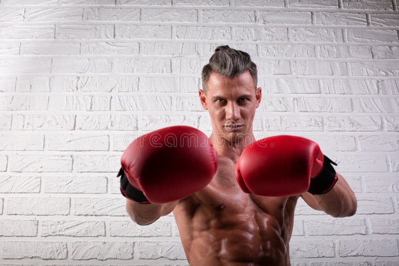 Portrait of Handsome Boxer Man Standing on the Bric Wall and Looking at ...