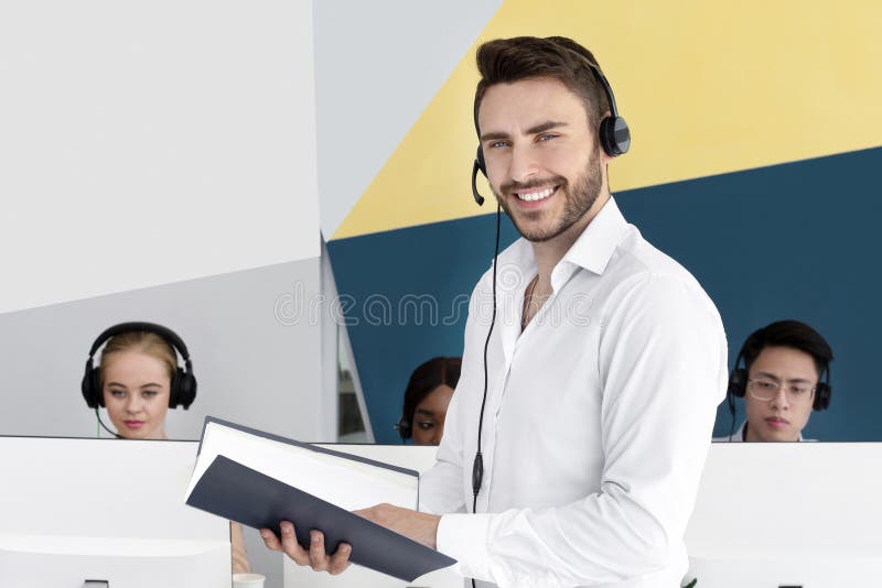 Portrait of Handsome Caucasian Call Centre Operator with Headset ...