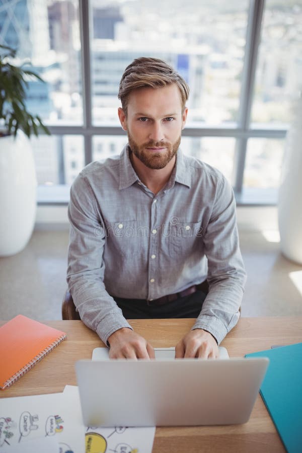 Portrait of Handsome Executive Using Laptop at Desk Stock Image - Image ...