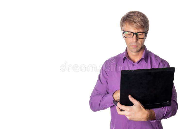 Portrait of Handsome Guy in Casual Shirt and Glasses Using Laptop ...