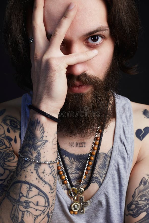 Portrait of Handsome Man with Beard and Tattoo Stock Photo - Image of ...