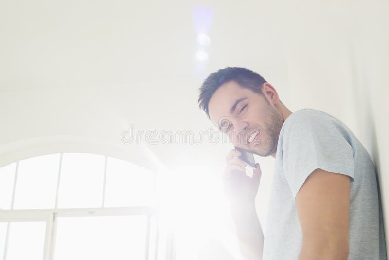 Portrait of Handsome Man on Call at Home Stock Image - Image of ...