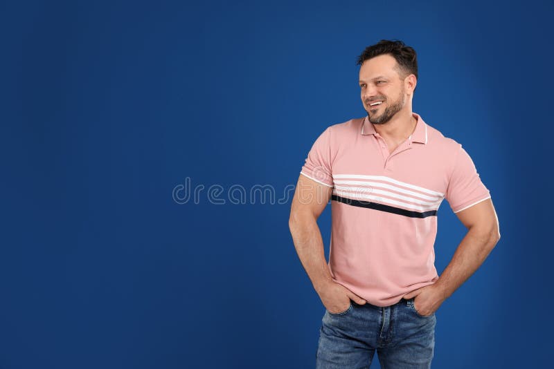 Portrait of Handsome Man on Blue Background. Space for Text Stock Image ...