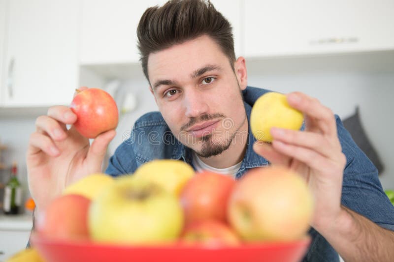Portrait Handsome Man Holding Apples Stock Photo - Image of plenty ...