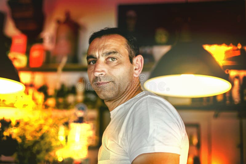 Portrait of Handsome Man Looking To Camera Inside Cafe Bar. Stock Image ...