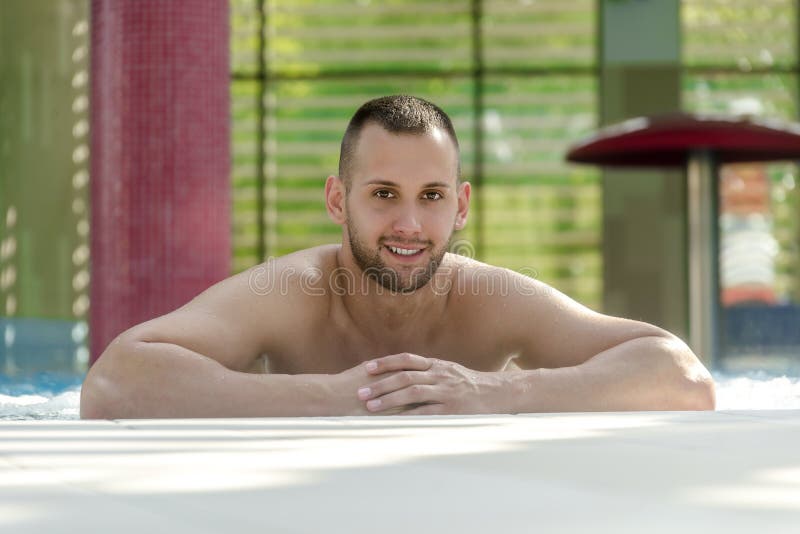 Portrait of Handsome Man in Swimming Pool Stock Image - Image of body ...