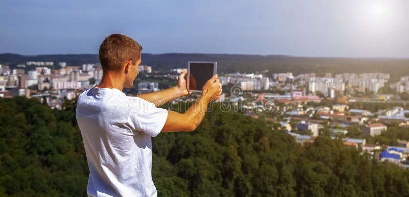 Portrait of Handsome Man Taking Panoramic Pictures. Copy Space for ...