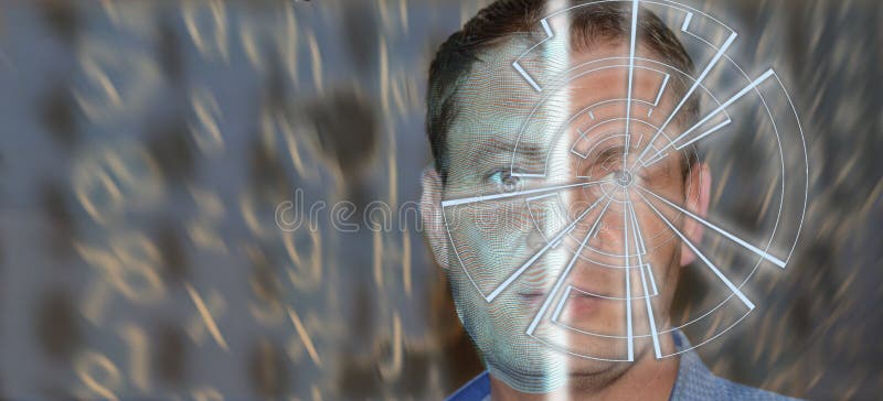 Portrait of Handsome Man with Tech Pattern on Eye and Wireframe on the ...