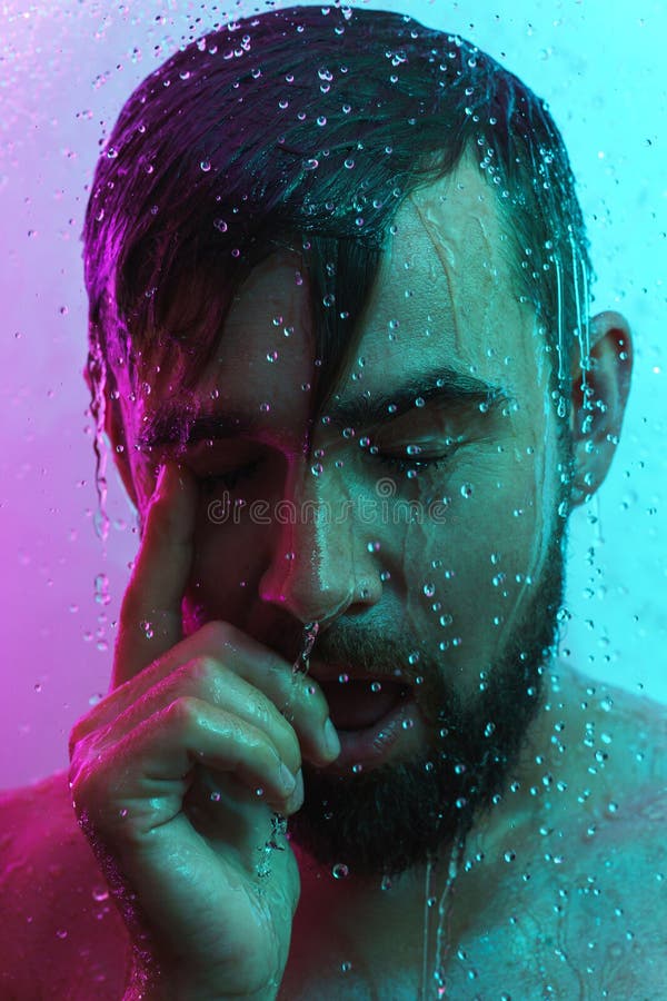 Portrait of Handsome Man Under Water Flow in Neon Light Stock Image ...