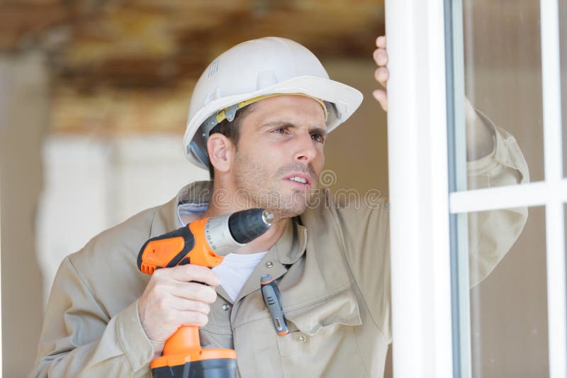 Portrait Handsome Repairman with Drill Stock Photo - Image of inside ...