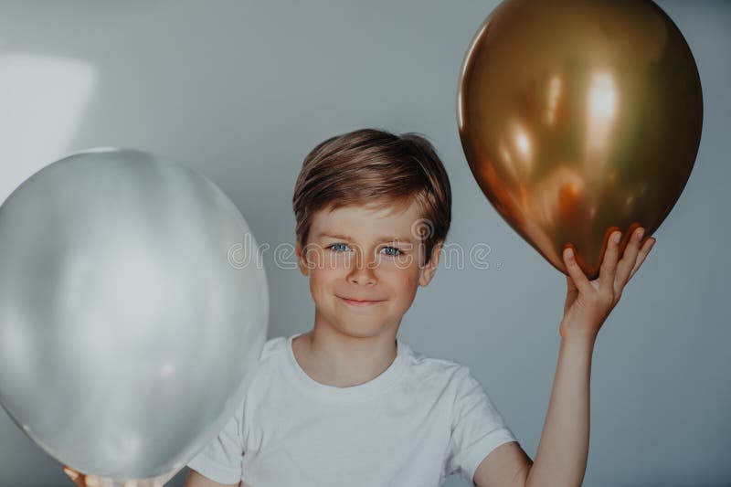 Portrait of Handsome Smiling Boy with Balloons Stock Image - Image of ...
