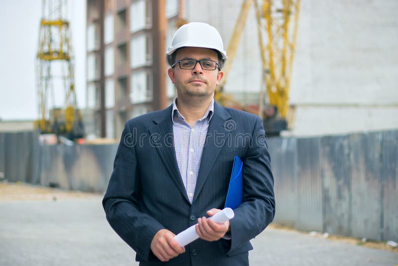 Engineer Boss With Protective Safety Helmet Checking Architectural ...