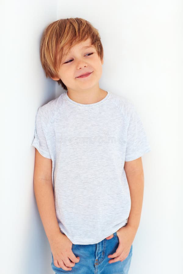 Portrait of Handsome Young Boy, Kid Posing Near the White Wall Stock ...