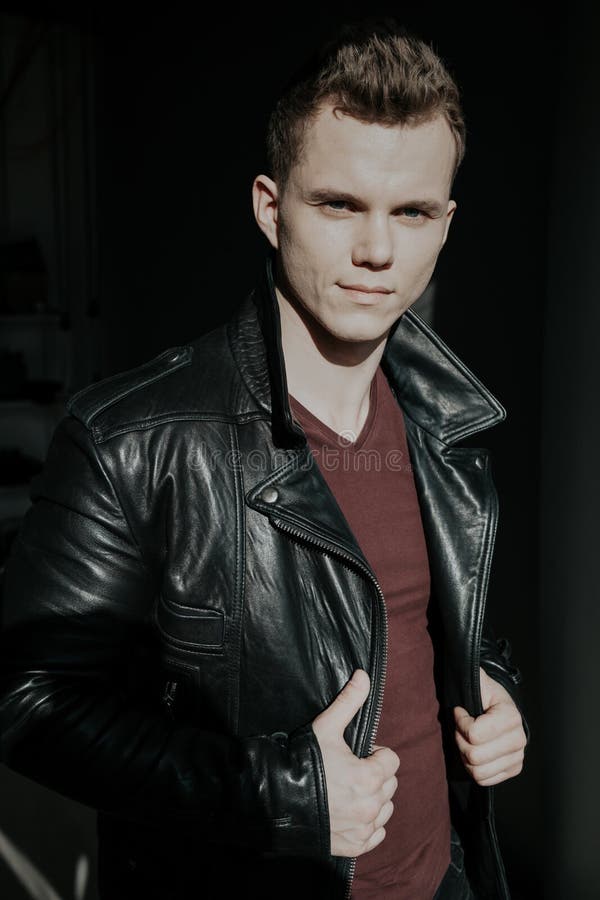 Portrait of a Handsome Young Man in a Black Jacket Stock Photo - Image ...