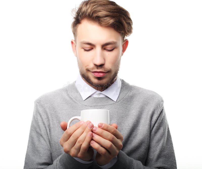 Portrait of Handsome Young Man with Cup, Isolated on White. Stock Image ...