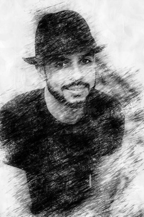 Portrait of Handsome Young Man with Hat in Pencil Drawing Style Stock ...