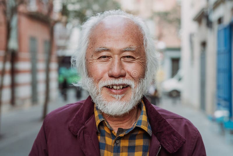 Portrait of Happy Asian Senior Man Smiling in Front Camera Stock Image ...