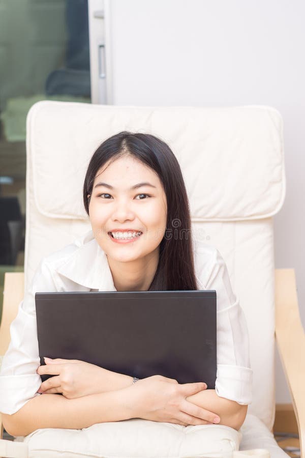 Portrait of Happy Asian Woman Using Laptop Stock Image - Image of curly ...