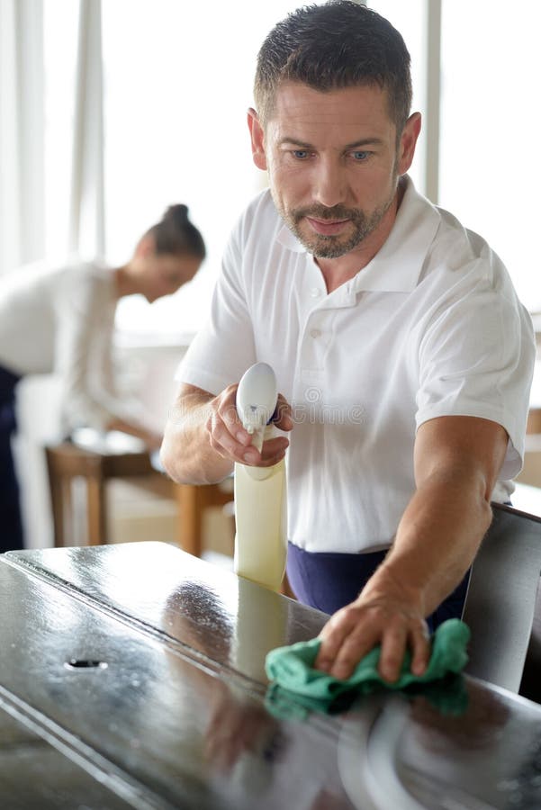 Portrait Happy Bar Tender Cleaning Bar Counter Stock Photo - Image of ...