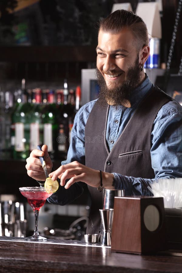 Happy Bartender Posing for the Camera at Work Stock Image - Image of ...