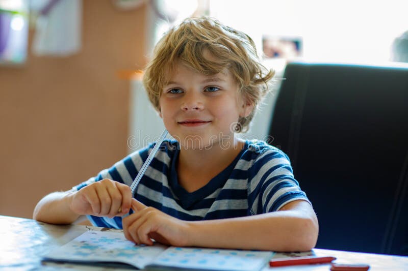 Portrait Happy Boy Doing Homework Kitchen Home Elementary School ...