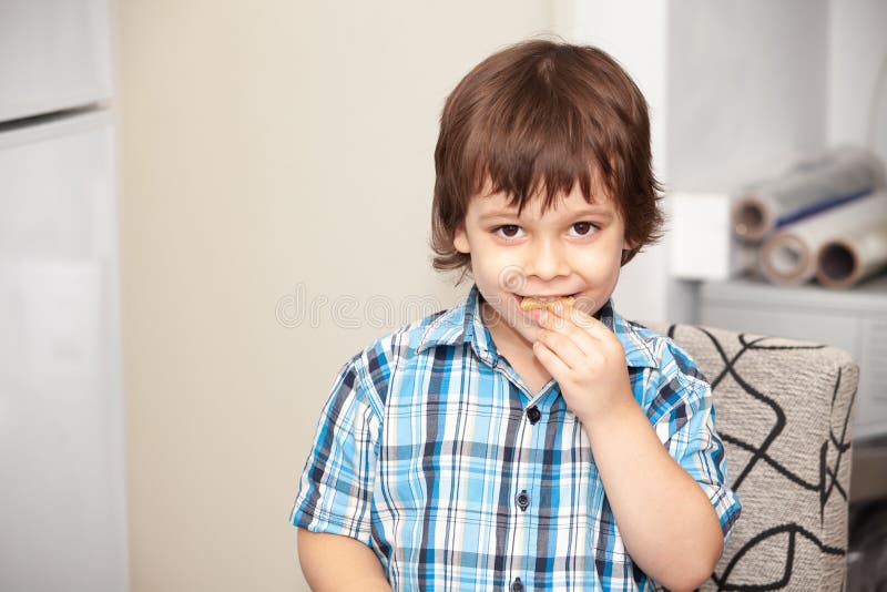Portrait Happy Boy Eating Cookies Stock Image - Image of caucasian ...