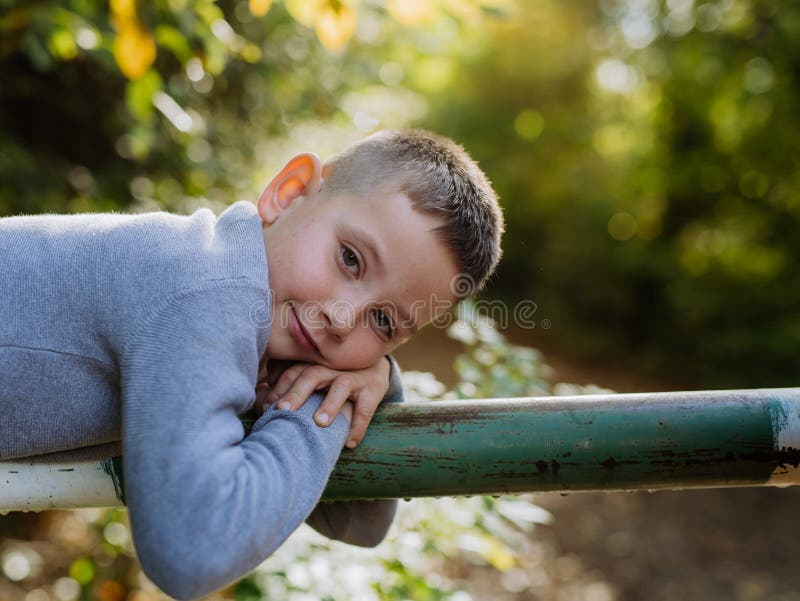 Portrait of Happy Boy in the Forest. Stock Photo - Image of emotion ...