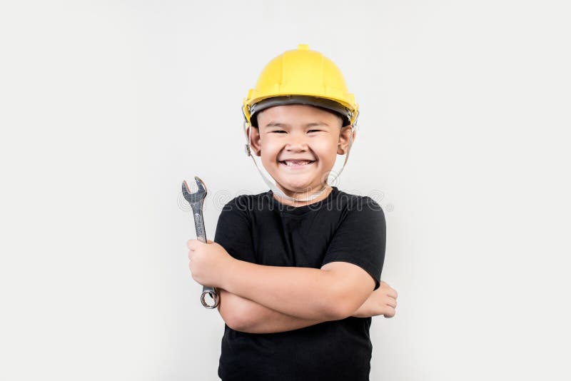 Happy Boy Wearing Engineer Hat Stock Image - Image of wearing, security ...