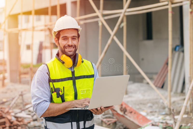 Portrait Happy Builder Foreman Work in Construction Site. Senior Worker ...