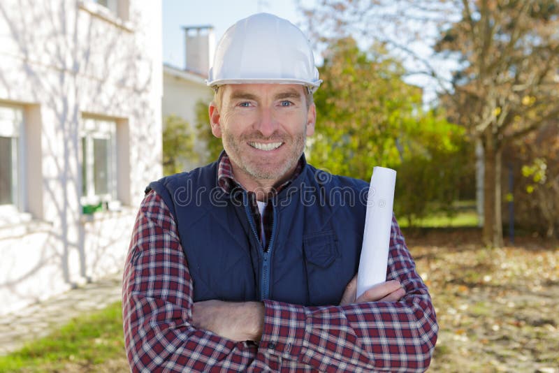 Portrait Happy Builder Outdoors Stock Photo - Image of hardhat, builder ...