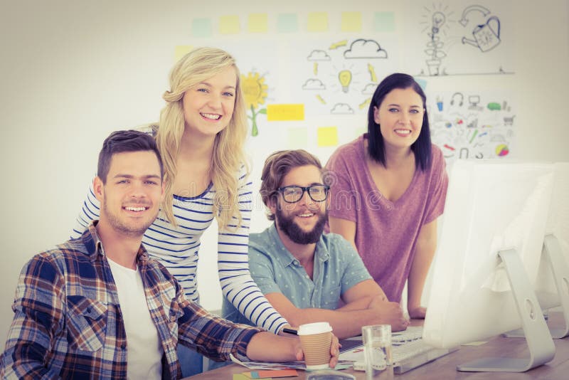 Portrait of Happy Business Professionals Working at Computer Desk Stock ...