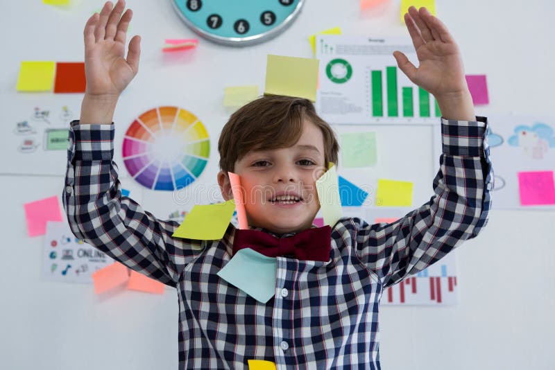 Portrait of Happy Businessman with Sticky Notes on Face Standing ...