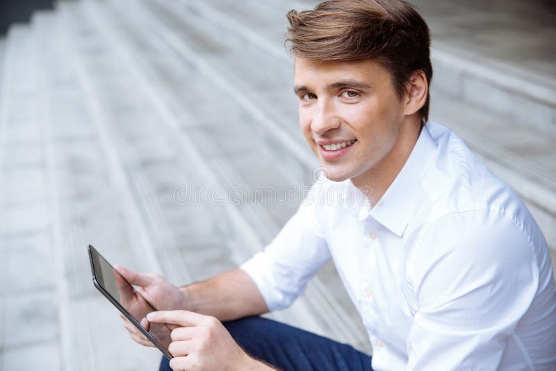 Portrait of Happy Businessman Using Tablet Outdoors Stock Photo - Image ...