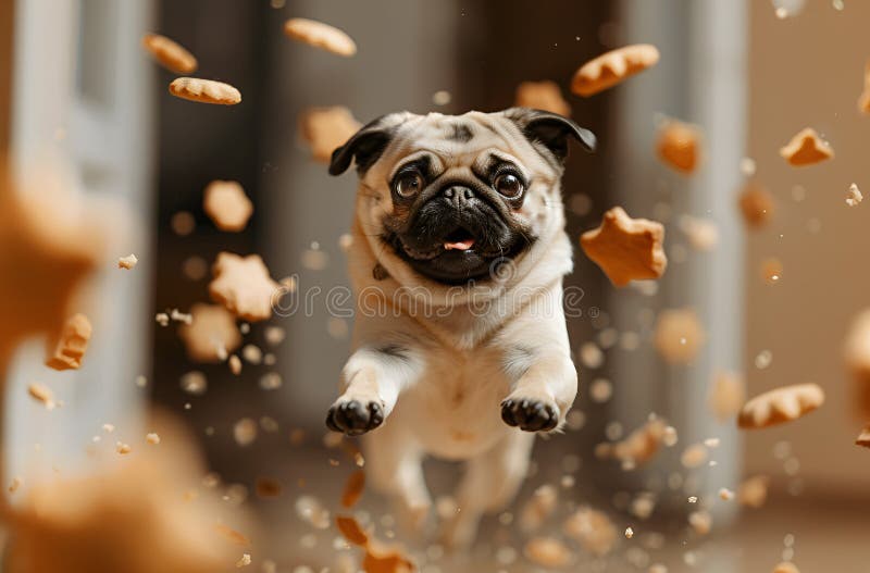 Portrait of Happy Cute Pug Surrounded by Flying Cookies Stock ...