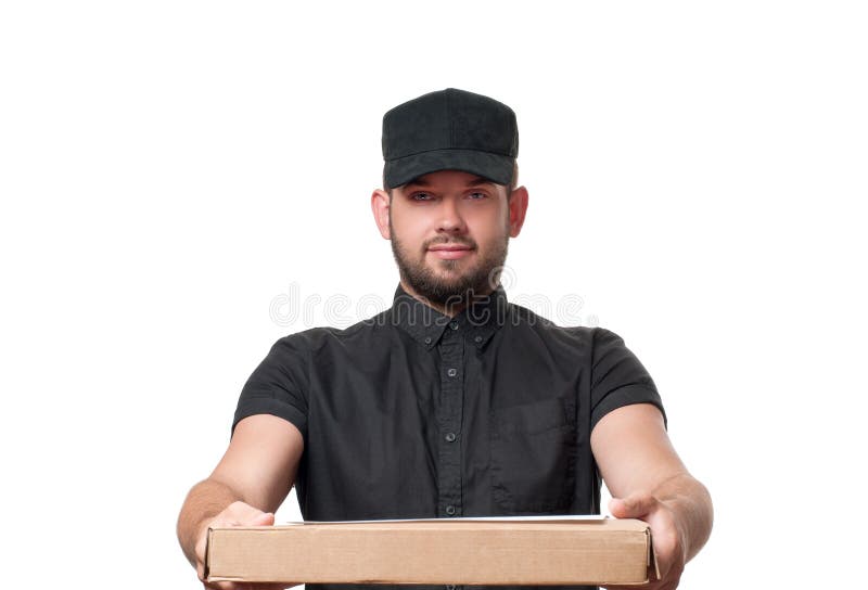 Portrait of Happy Delivery Man with Cardboard Box Stock Photo - Image ...