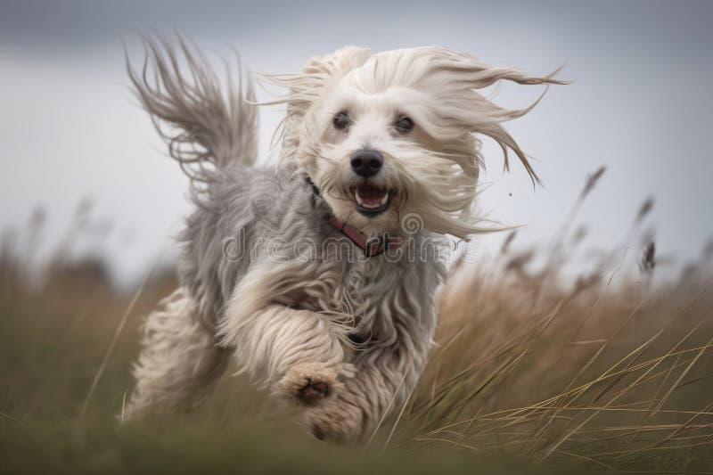 Portrait of Happy Dog Jumping in Field with Windblown Fur Stock ...