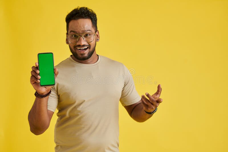 Happy Excited Developer Showing Smartphone Stock Photo - Image of blank ...