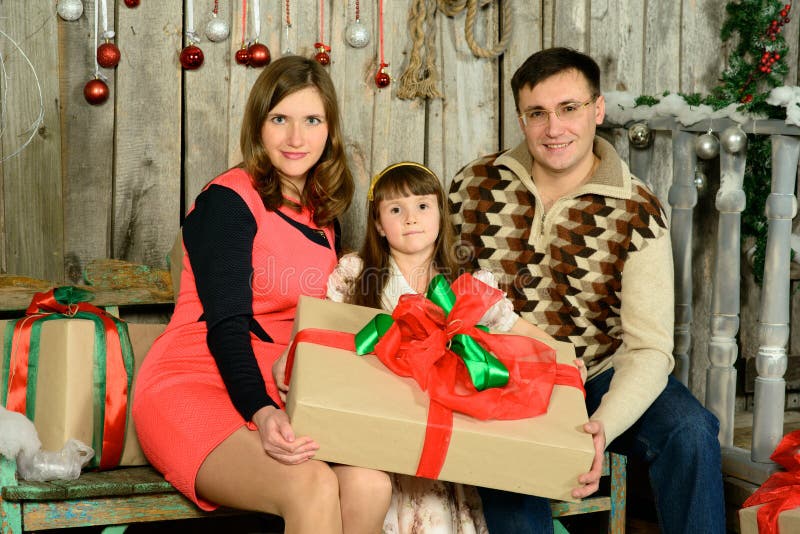 Portrait of Happy Family with Gift Box Stock Image - Image of home ...