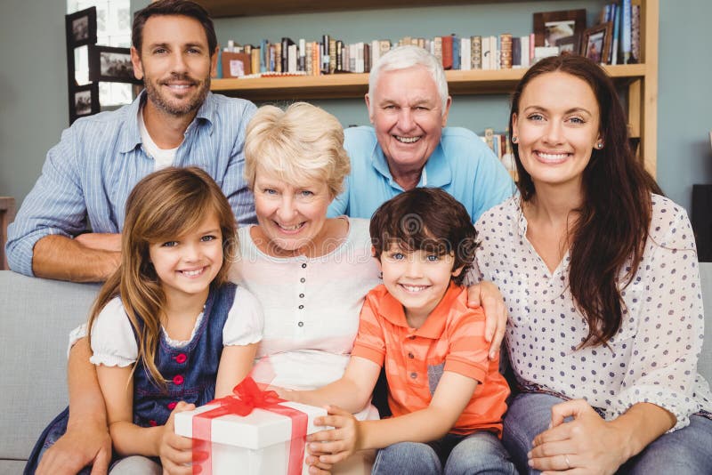 Portrait of Happy Family with Gift Box Stock Image - Image of domestic ...